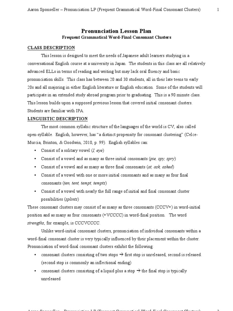 Final Consonant Clusters in English | PDF | English Language ...