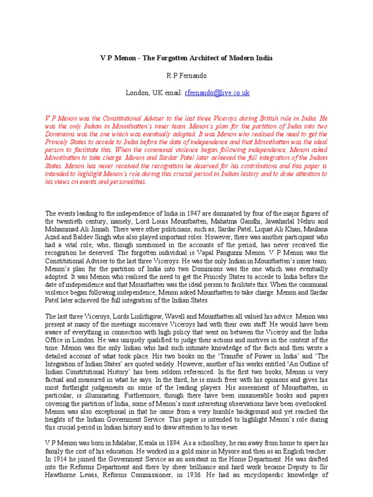 V P Menon The Forgotten Architect of Modern India | PDF