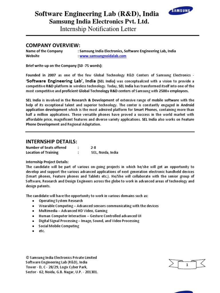 Samsung SEL India Internship Notification Letter 2013 For IIT Bombay ...