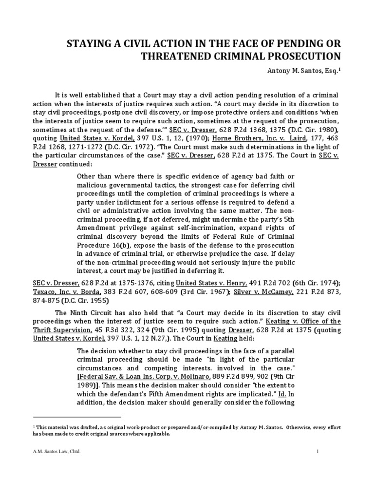 Staying A Civil Action in The Face of Pending Criminal Prosecution ...