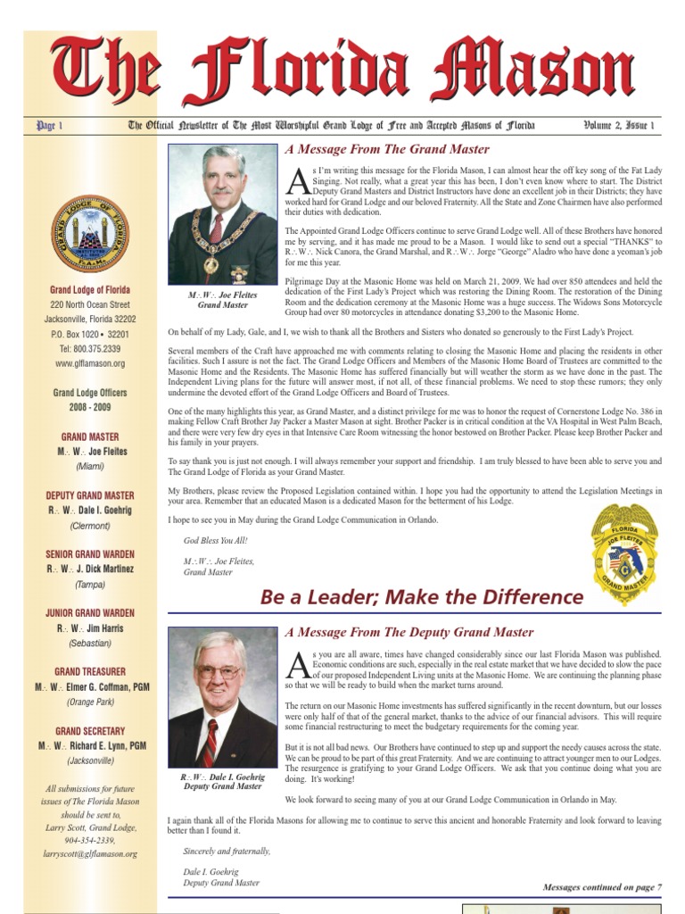 Florida Mason Newsletter Volume 2 Issue 1 | PDF | Freemasonry | Masonic ...