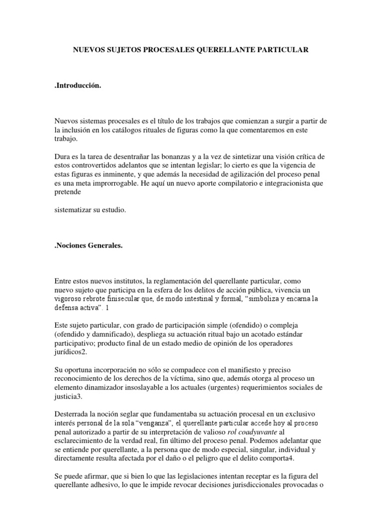 Análisis de la figura del querellante particular como nuevo sujeto ...