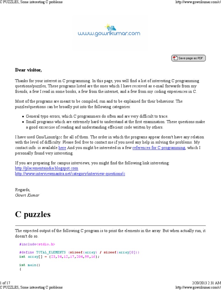 C PUZZLES, Some Interesting C Problems | PDF | Computer Programming | Software Engineering