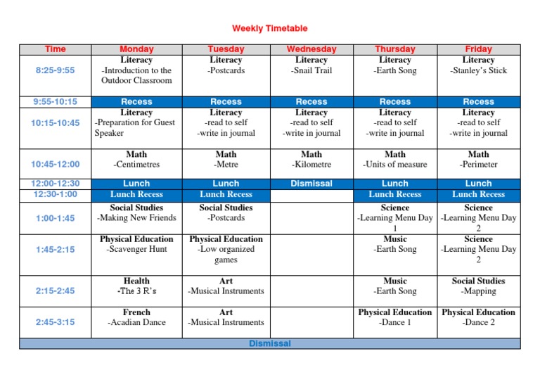 Weekly Class Schedule Overview | PDF
