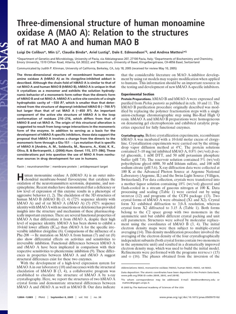 Three-Dimensional Structure of Human Monoamine Oxidase A (Mao A ...