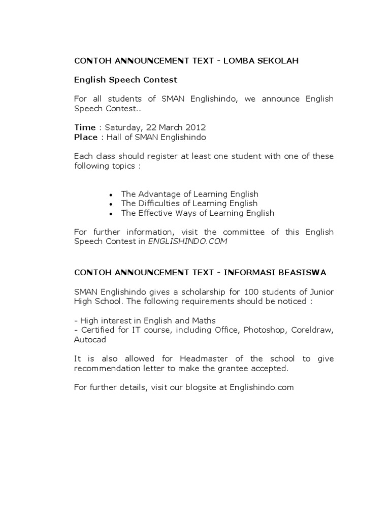 Contoh Announcement Dalam Bahasa Inggris