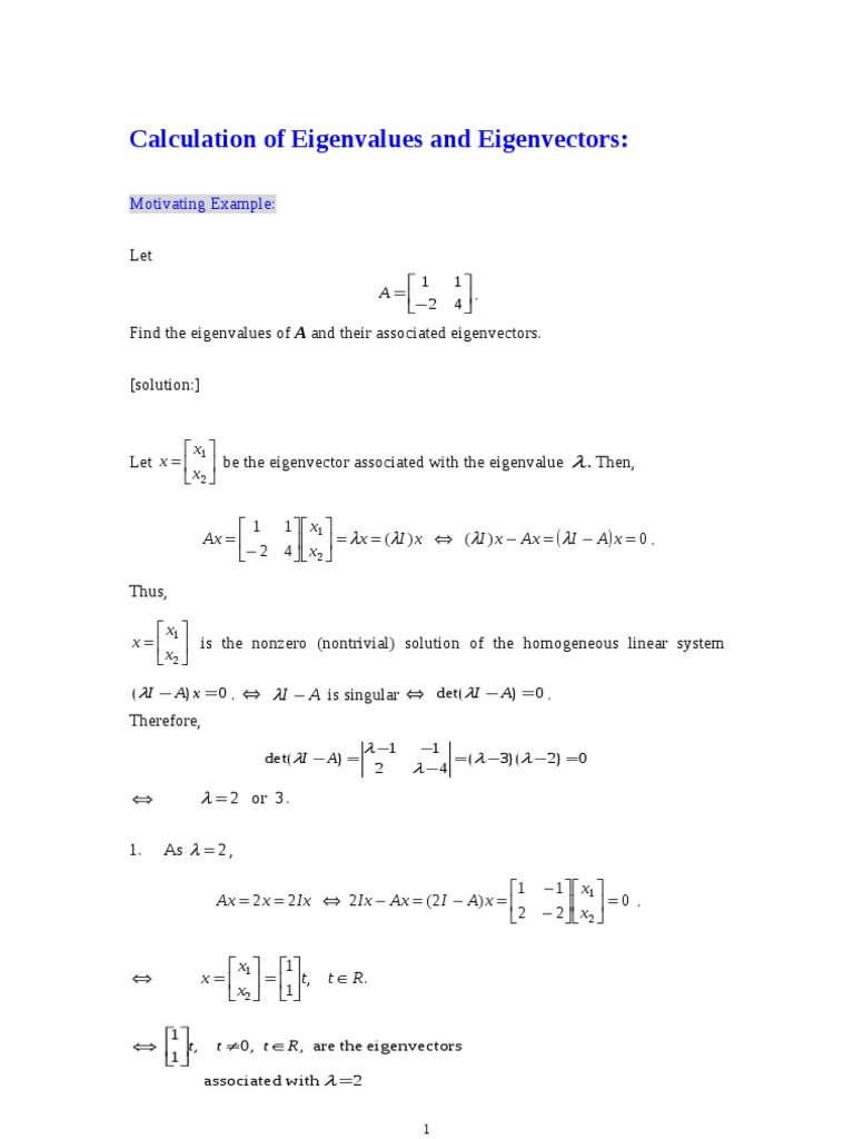 Calculation of Eigenvalues and Eigenvectors:: Motivating Example | PDF ...
