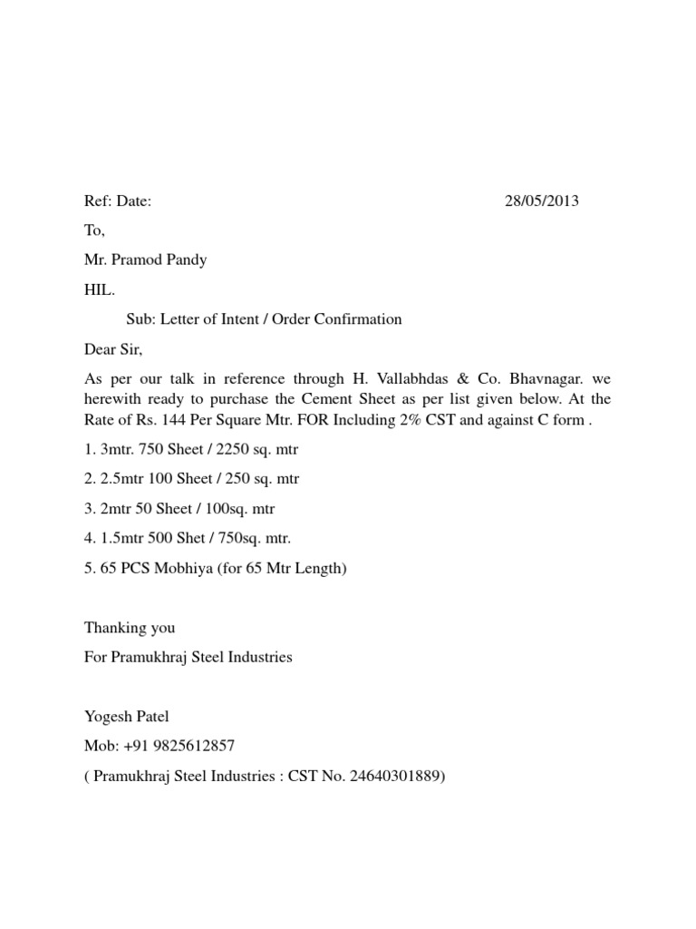 Cement Sheet Order Request Letter | PDF