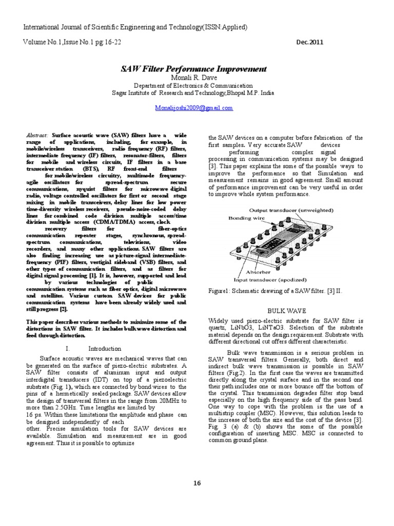 SAW Filter Performance Improvement | PDF | Electronic Filter ...