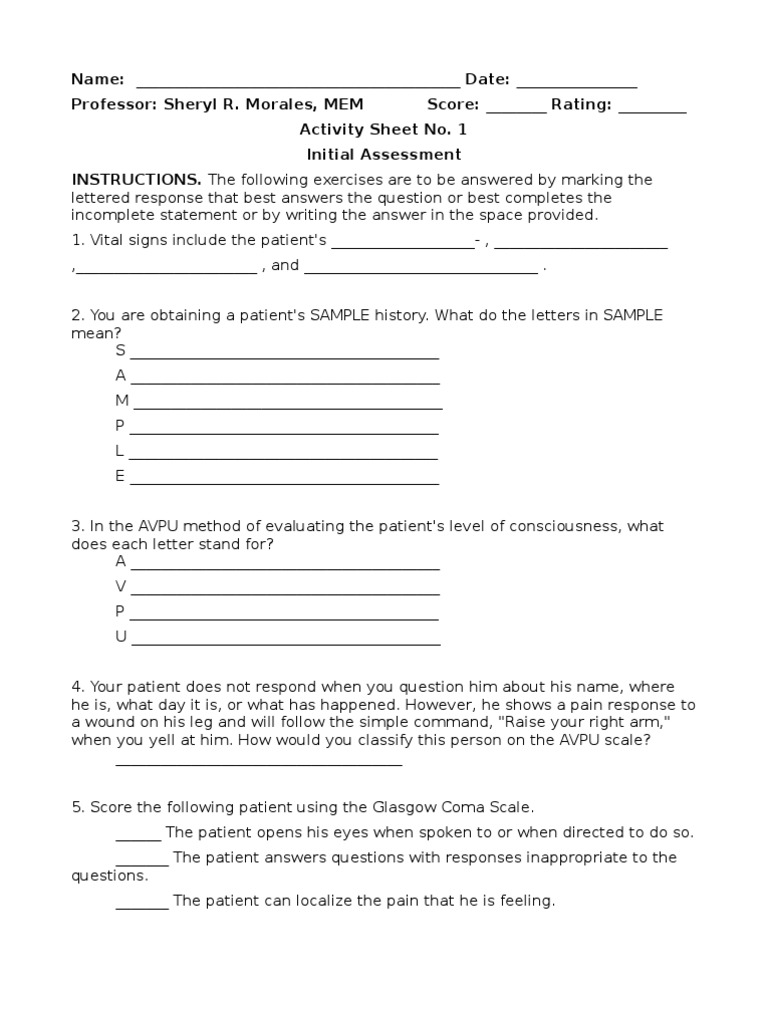 Activity Sheet Initial Assessment | PDF | Coma | Medicine