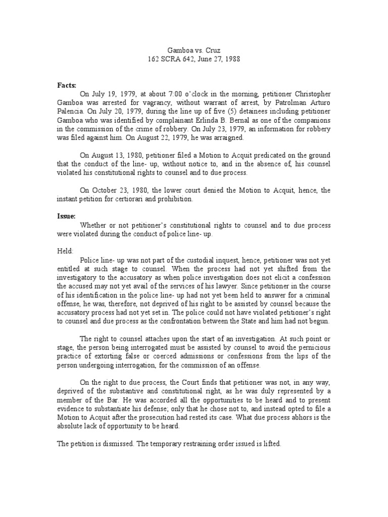 Gamboa Vs Cruz | PDF | Arrest | Confession (Law)