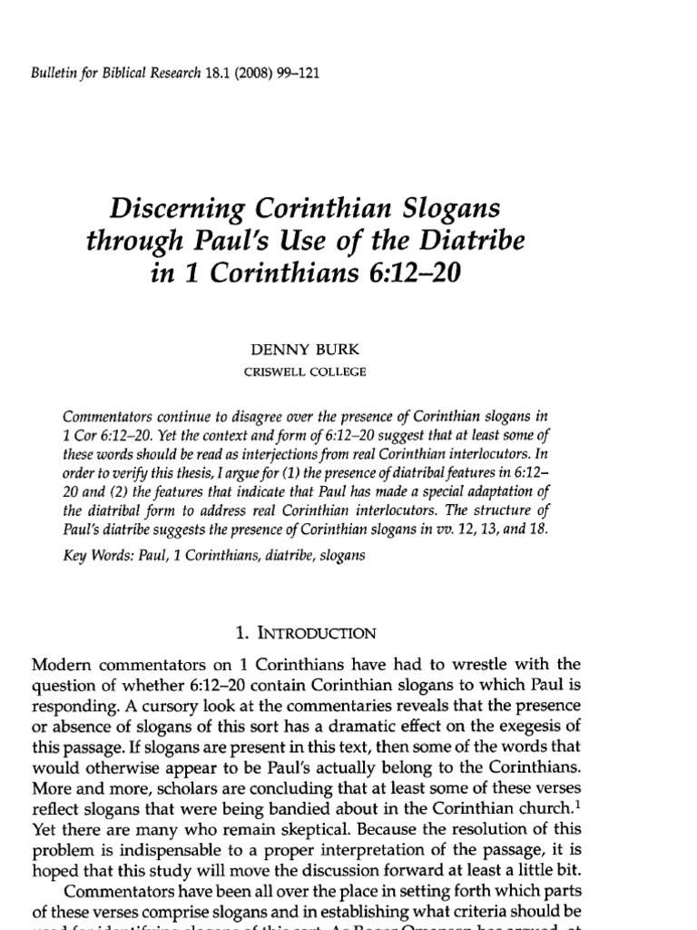 1 Cor 6.12-20 - Pauls Use of Diatribe | First Epistle To The ...