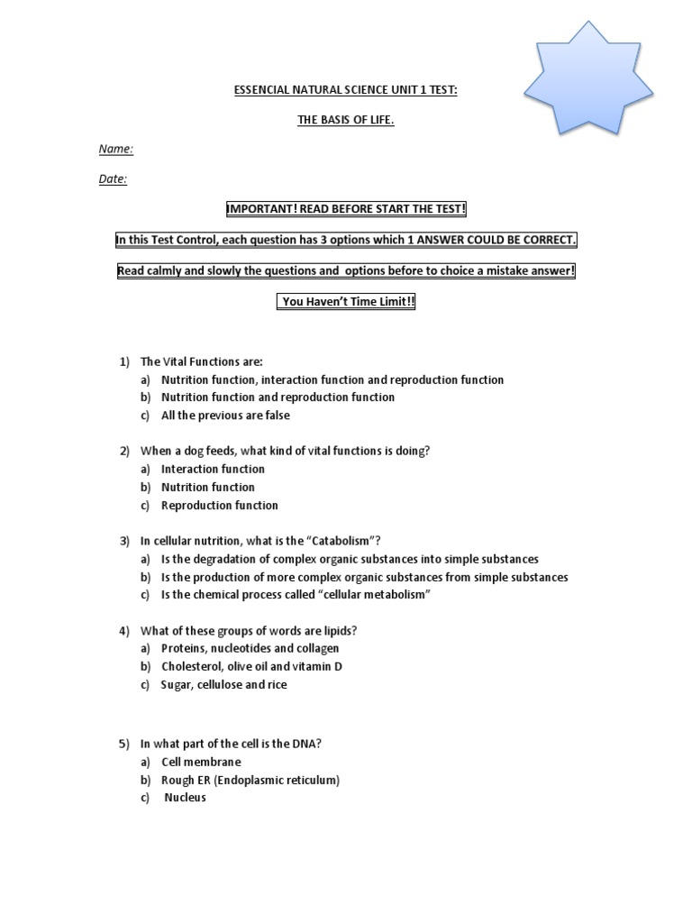 Essential Biology Unit 1 Test | PDF | Cell (Biology) | Metabolism