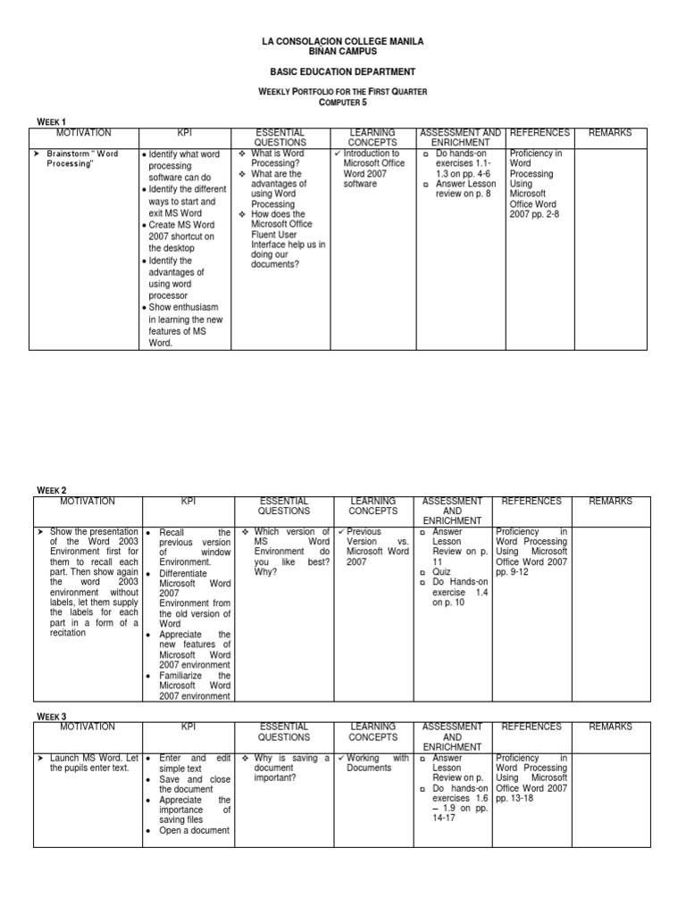 Introduction to Word Processing Using Microsoft Word 2007: A Weekly Portfolio Covering ...