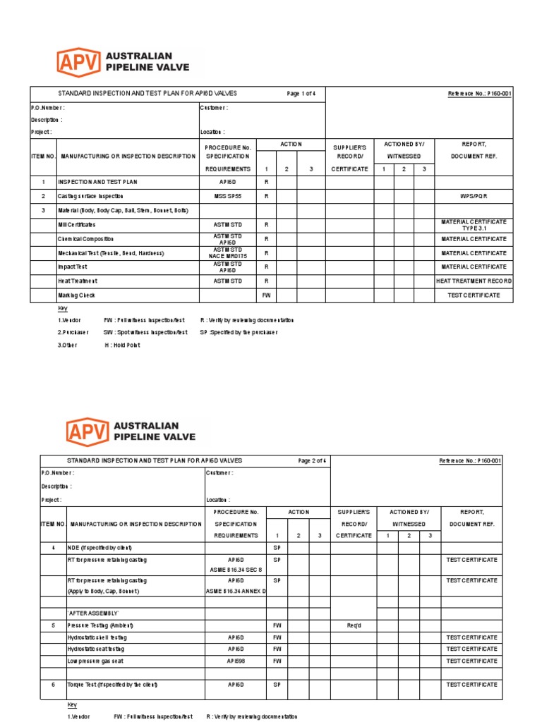 APV STD Insp & Test Plan API6D Valves | PDF | Valve | Specification ...