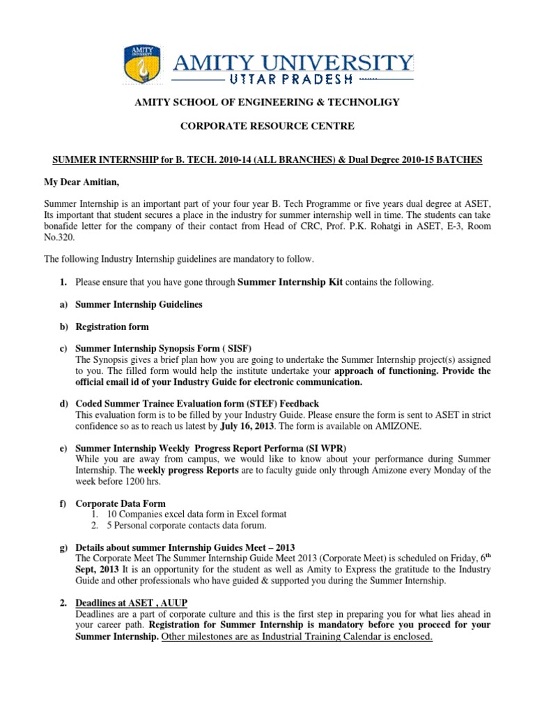 Ffbe6Summer Internship Guidelines for Students of Admission Year 2010 ...