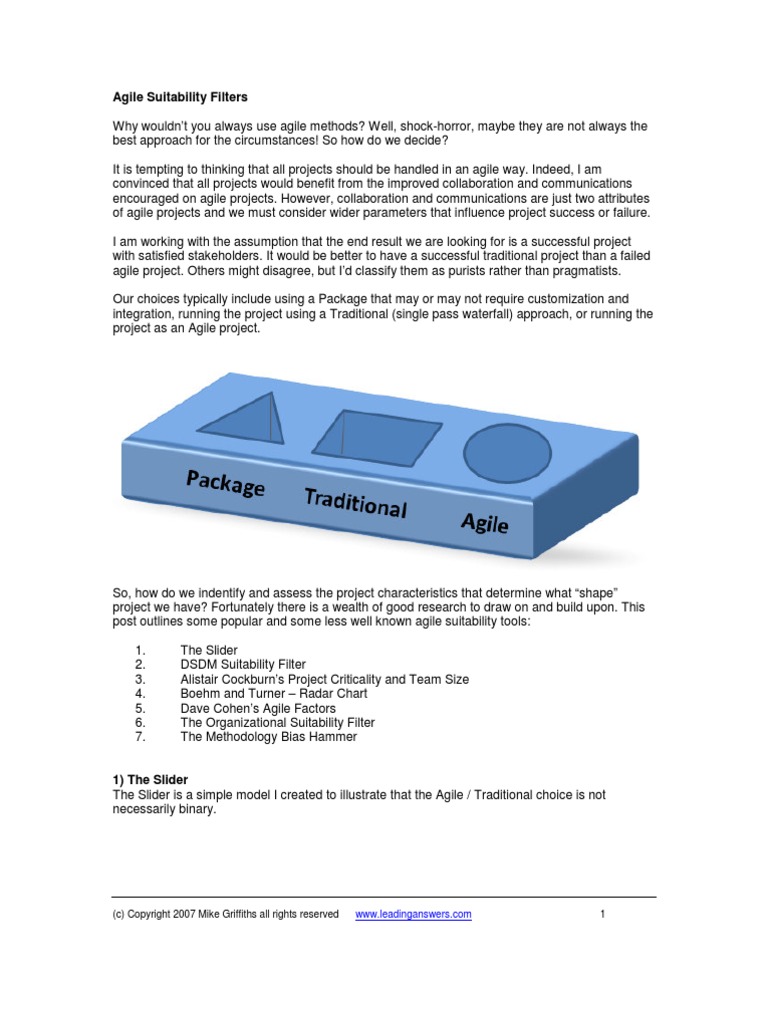 Agile Suitability Filters | Agile Software Development | Risk