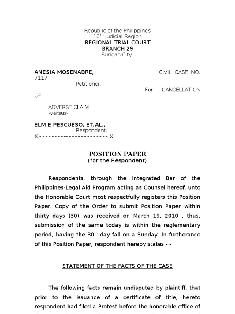 PositionPaper - Cancellation of Adverse Claim | PDF | Lawsuit | Complaint