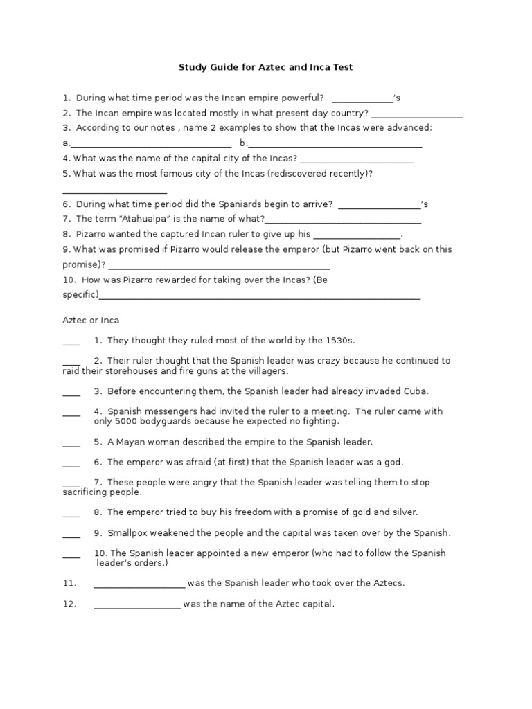 Aztec Inca Study Guide | PDF | Inca Empire | Francisco Pizarro