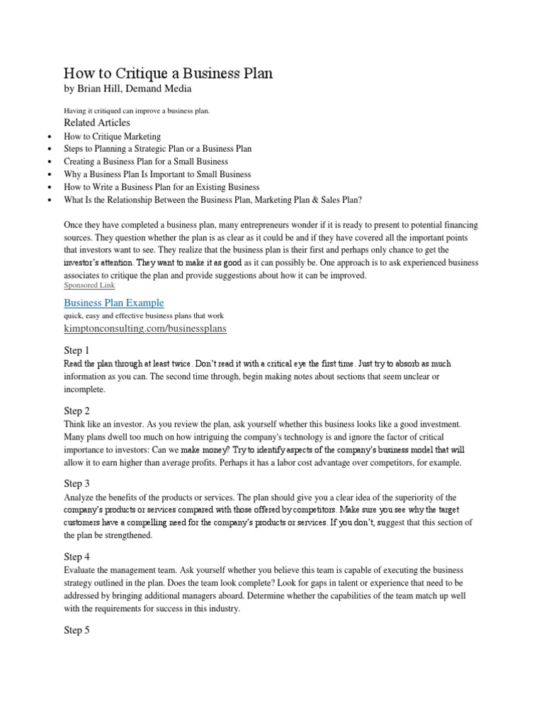 How To Critique A Business Plan | PDF | Business Plan | Entrepreneurship