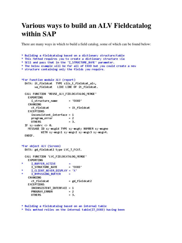 Various Ways To Build An ALV Fieldcatalog Within SAP | PDF | Information Technology Management ...