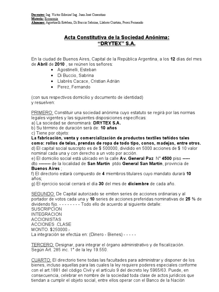 Acta Constitutiva de La Sociedad Anónima | PDF | Compartir (Finanzas) | Gobierno