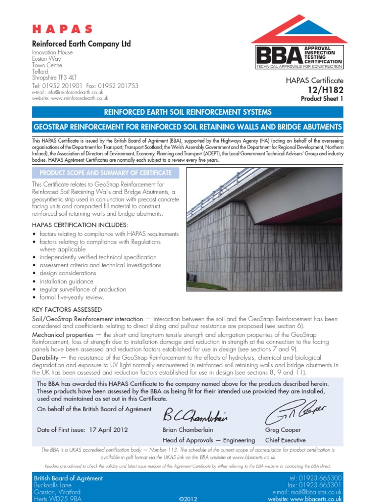 BBA Cert 12-H182 For RECo Geostrap Reinforcement For Reinforced Soil ...