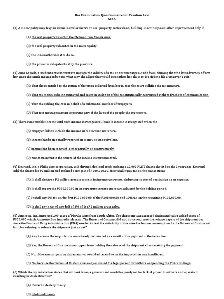Bar Examination Questionnaire For Taxation Law | PDF | Taxation In The ...