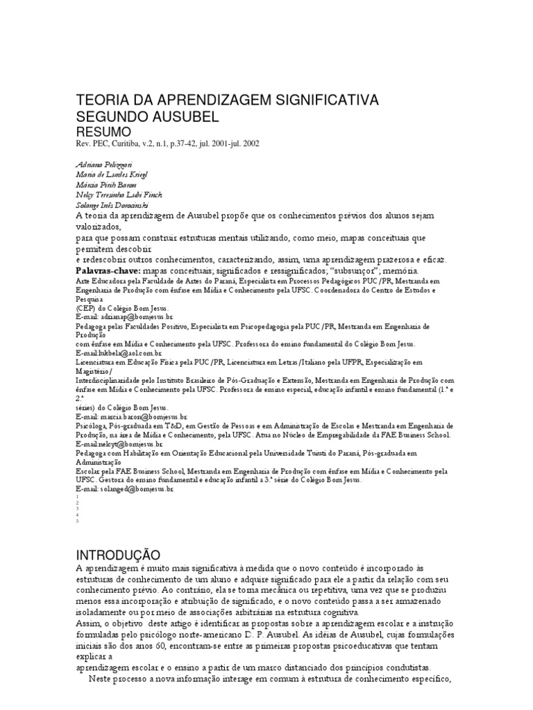 Aprendizagem Significativa de Ausubel | PDF | Aprendizado | Conhecimento