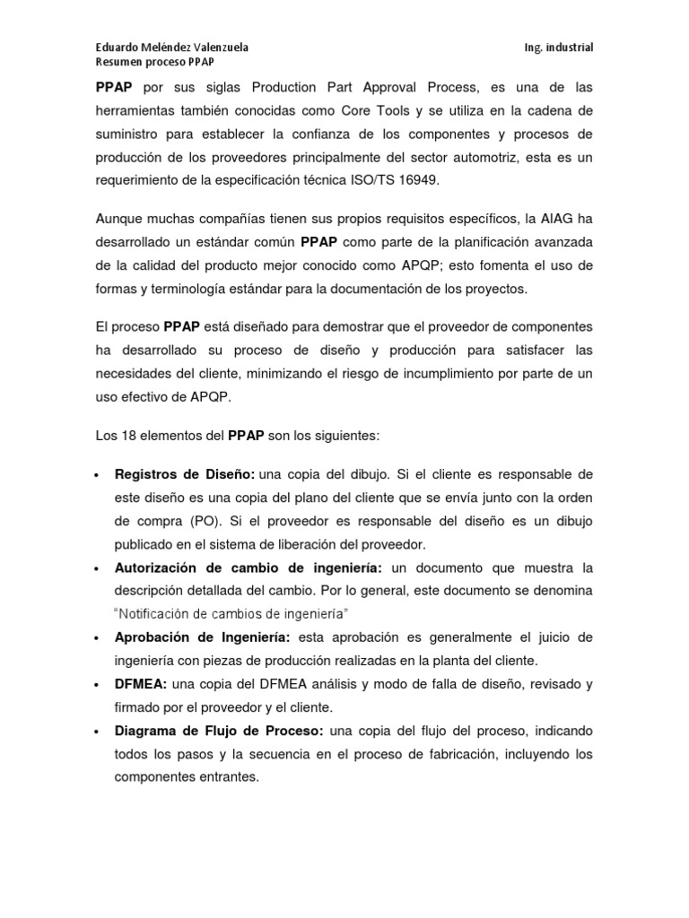 PPAP Por Sus Siglas Production Part Approval Process | PDF | Diseño ...