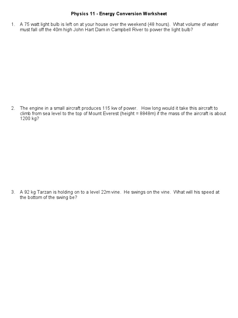 Physics 11 - Energy Conversion Worksheet | PDF