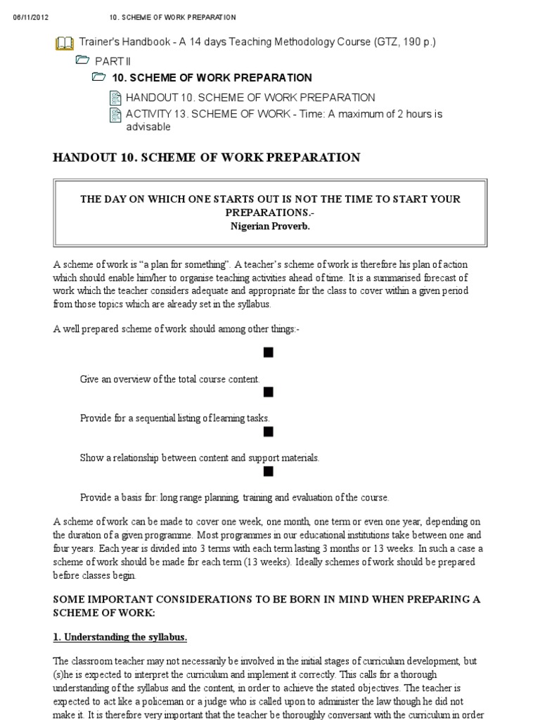 Scheme of Work for Teacher | Teachers | Curriculum