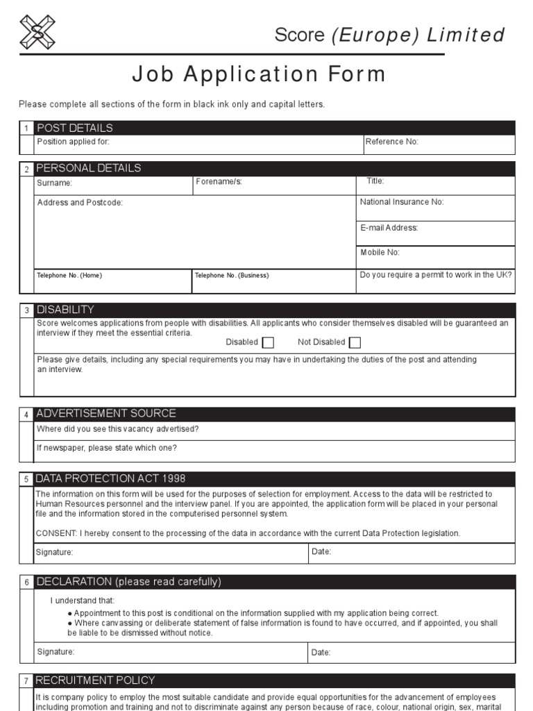 Score Group Application Form | PDF | Disability | Employment