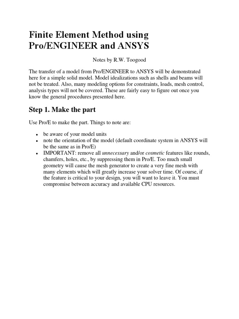 Finite Element Method Transfer From Proengineer To Ansys Pdf Finite Element Method Areas