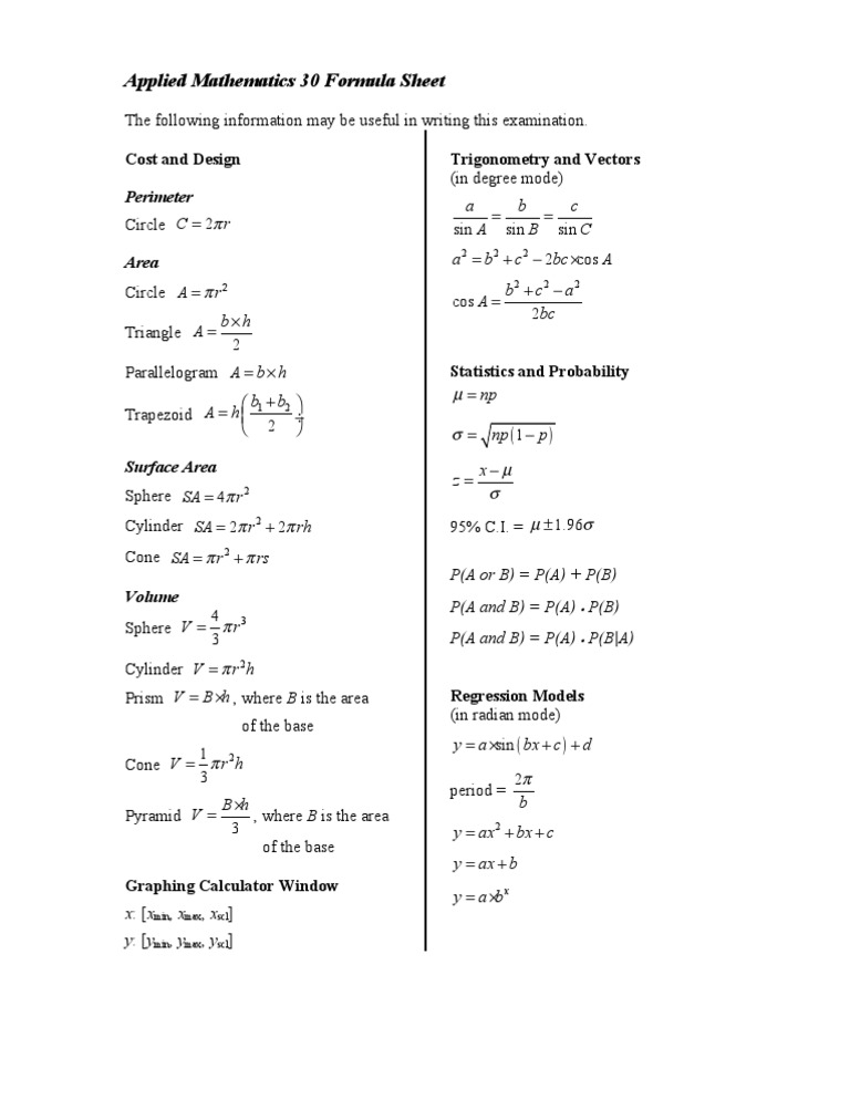Mathematics Formula List