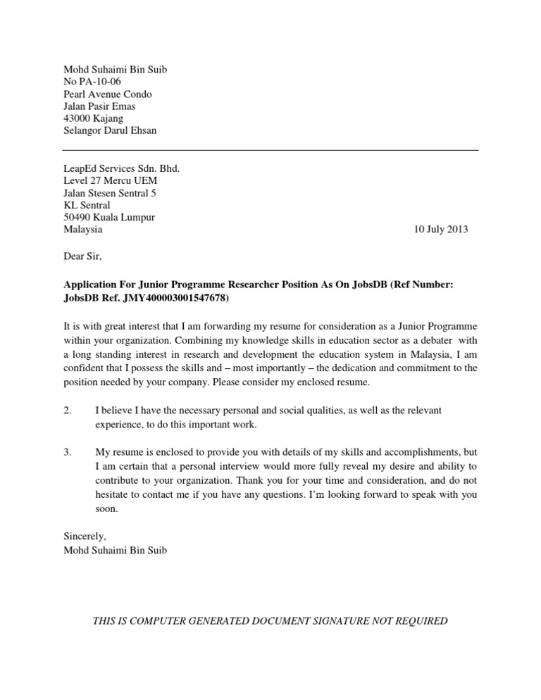 Application For Junior Programme Researcher Position As On Jobsdb (Ref ...