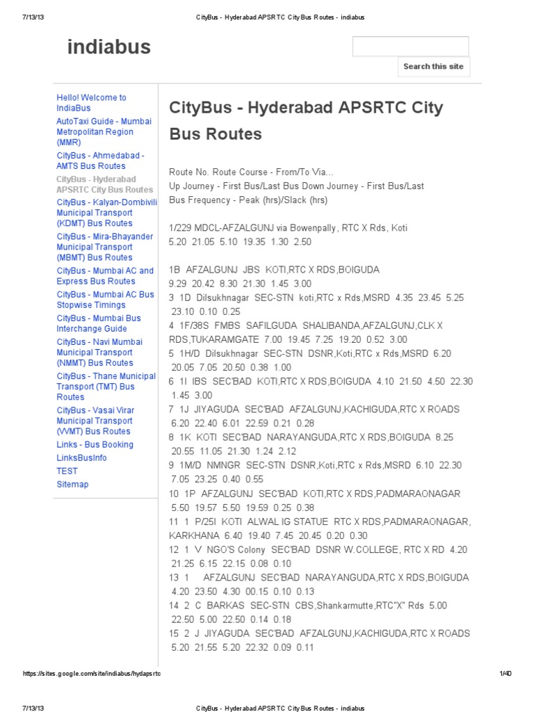 Hyderabad APSRTC Bus Routes Guide | PDF | Bus Transport