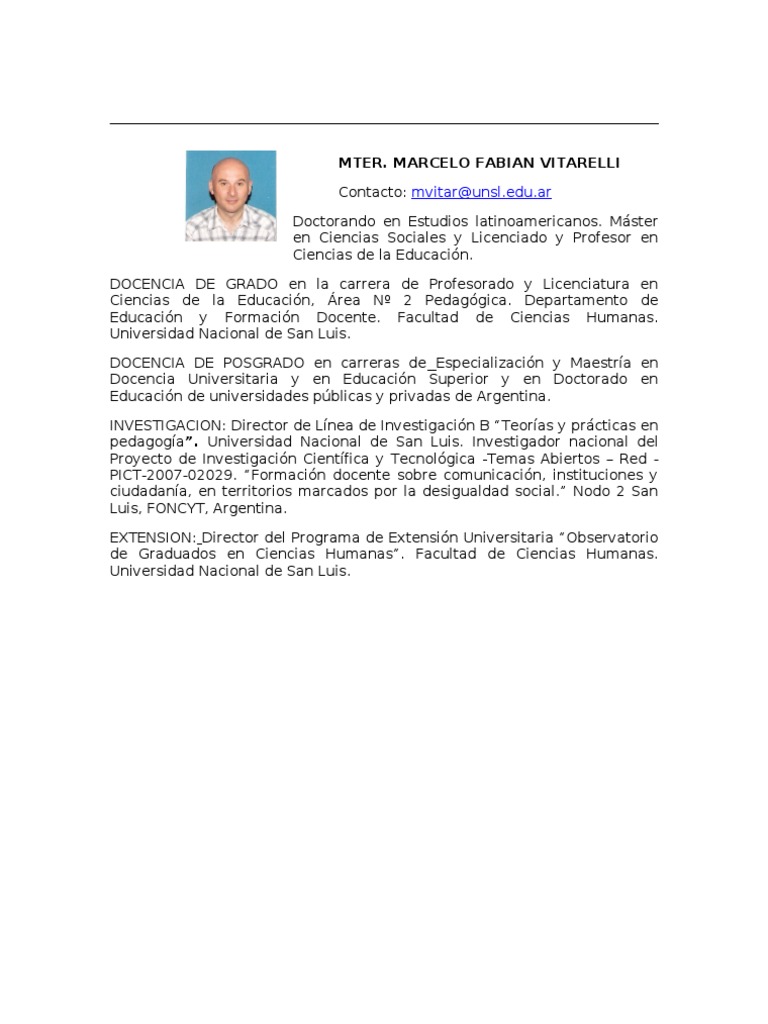CV Resumido de Marcelo F. Vitarelli | PDF | Ciencias sociales | Ciencia ...
