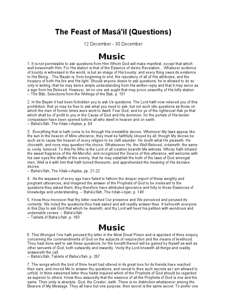 Music: The Feast of Masá'íl (Questions) | PDF | Bahá'í Faith | Faith