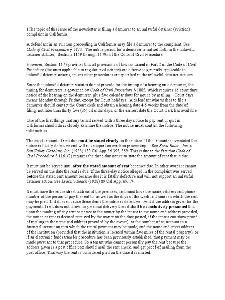 Sample California Demurrer To Eviction Complaint California Eviction