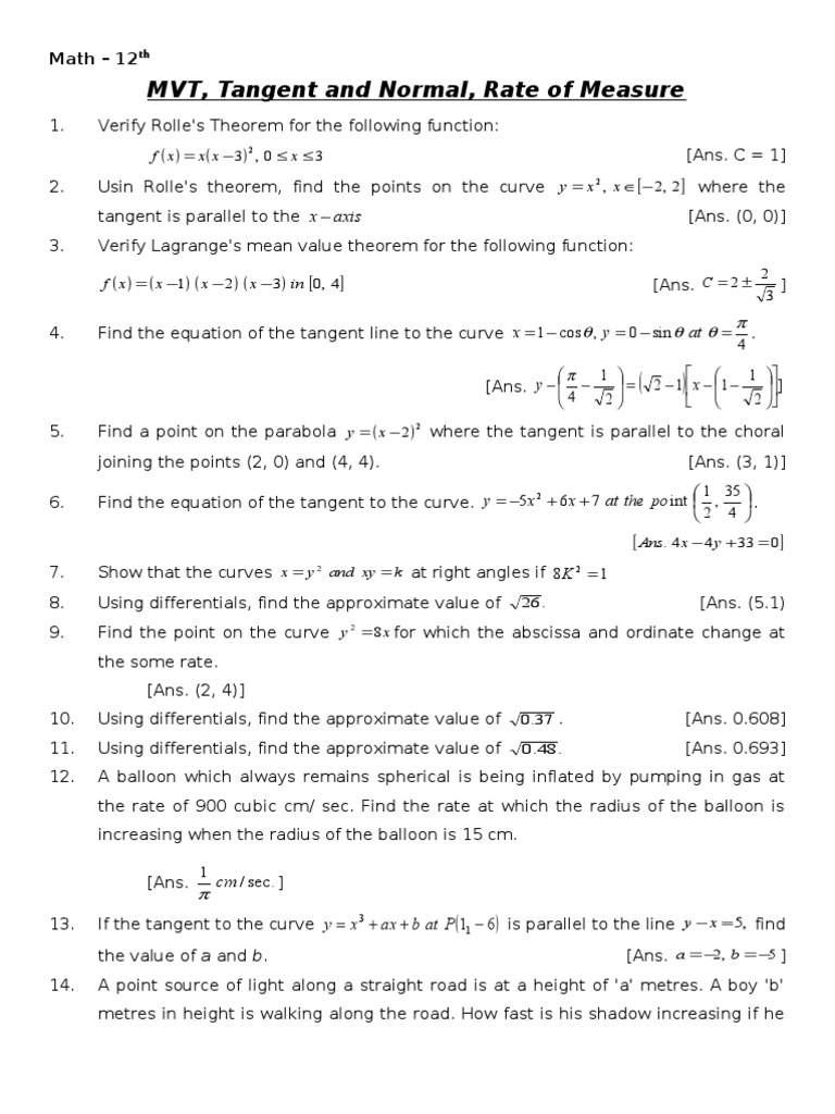 Analyzing Tangents, Rates of Change, and Approximations for Various ...