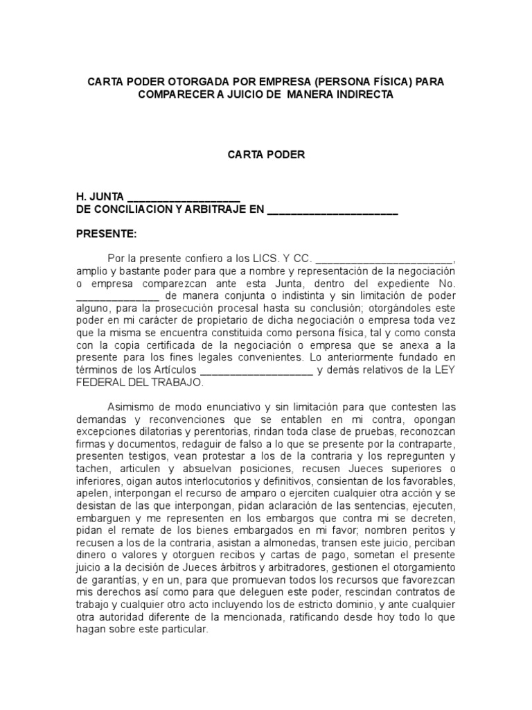 Carta Poder Otorgada Por Empresa (Persona Física) para Comparecer A Juicio de Manera Indirecta | PDF