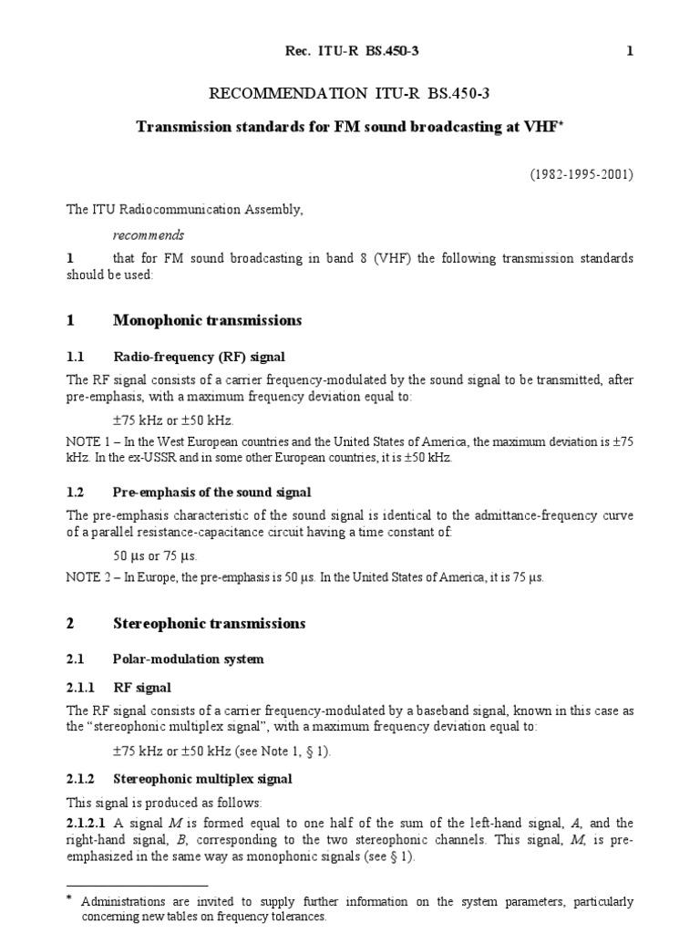 Transmission Standards For FM Sound Broadcasting at VHF: Recommendation Itu-R Bs.450-3 | PDF ...