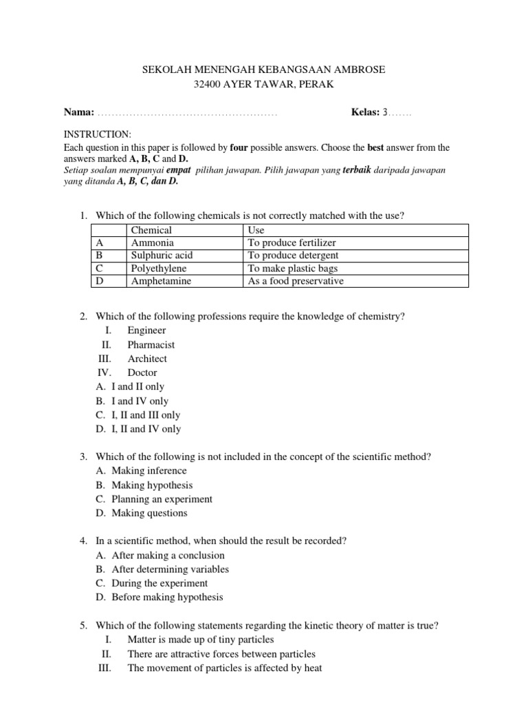 Soalan Kimia Pertengahan Tahun Form 4 | PDF | Chemical Elements | Oxide
