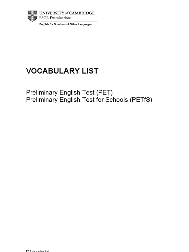 Vocabulary List: Preliminary English Test (Pet) Preliminary English ...