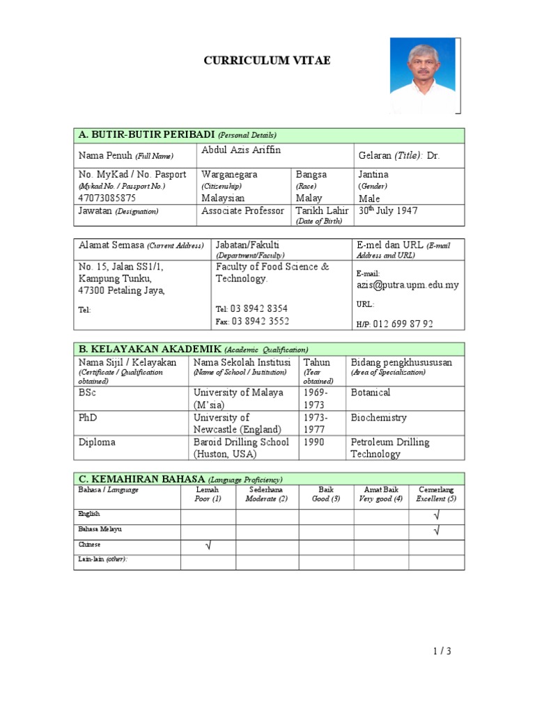 Curriculum Vitae: A. Butir-Butir Peribadi | PDF | Chemistry | Agriculture