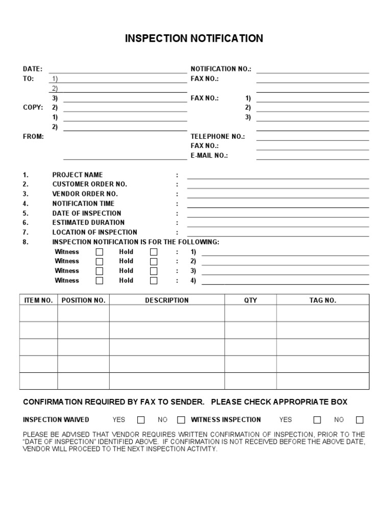 Inspection Notification: Confirmation Required by Fax To Sender. Please ...