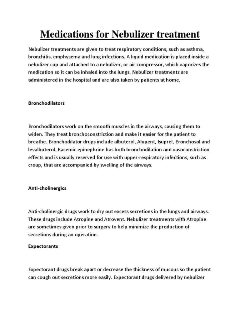 Medications For Nebulizer Treatment: Bronchodilators | PDF | Asthma ...