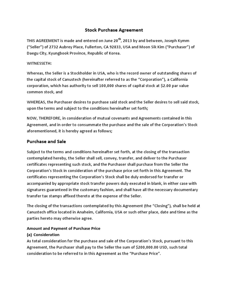 Stock Purchase Agreement - Kim Moon Shick | PDF | Warrant (Finance ...
