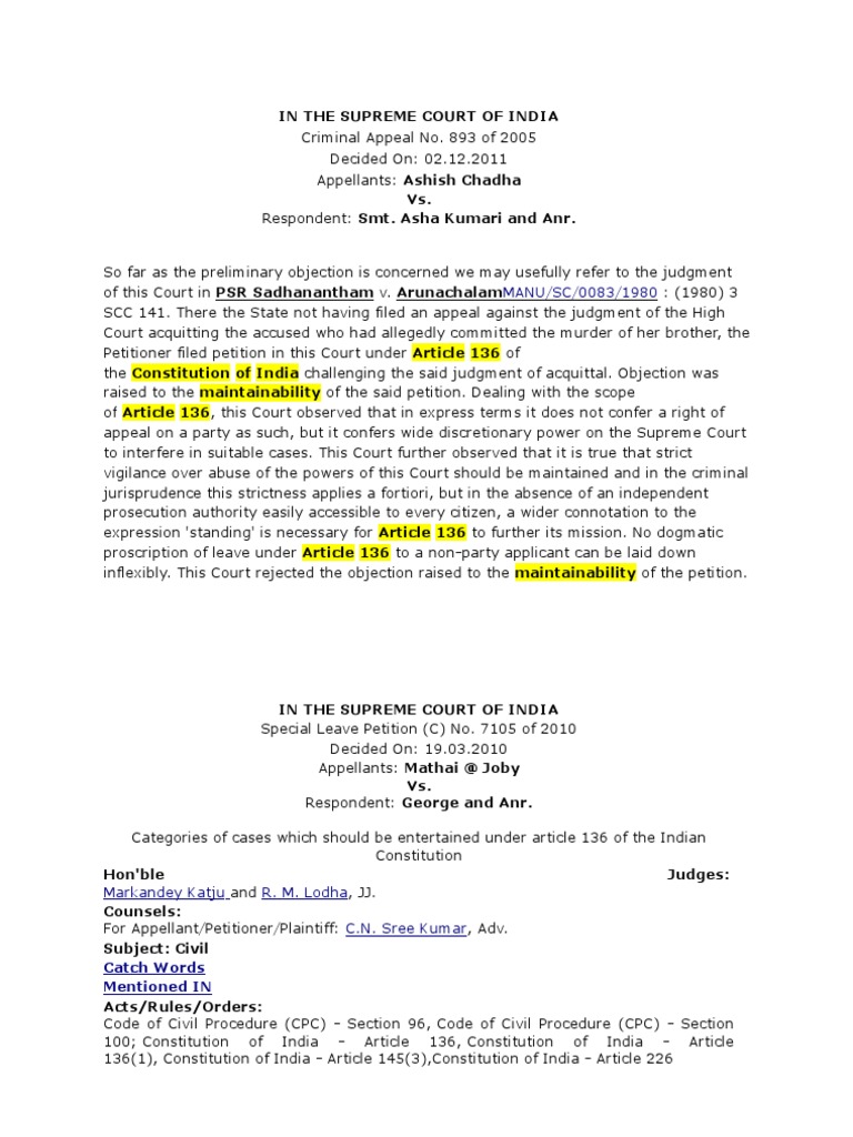 Article 136 Cases Maintainilty | Download Free PDF | Supreme Courts ...